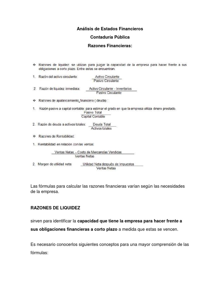 Aef Formulas de Razones-2208 | PDF | Compartir (Finanzas) | Liquidez de ...