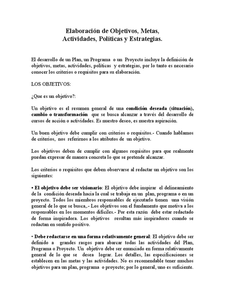 Como Redactar Objetivos, Metas y Actividades. 1 | PDF | Toma de decisiones | Gestión de recursos ...