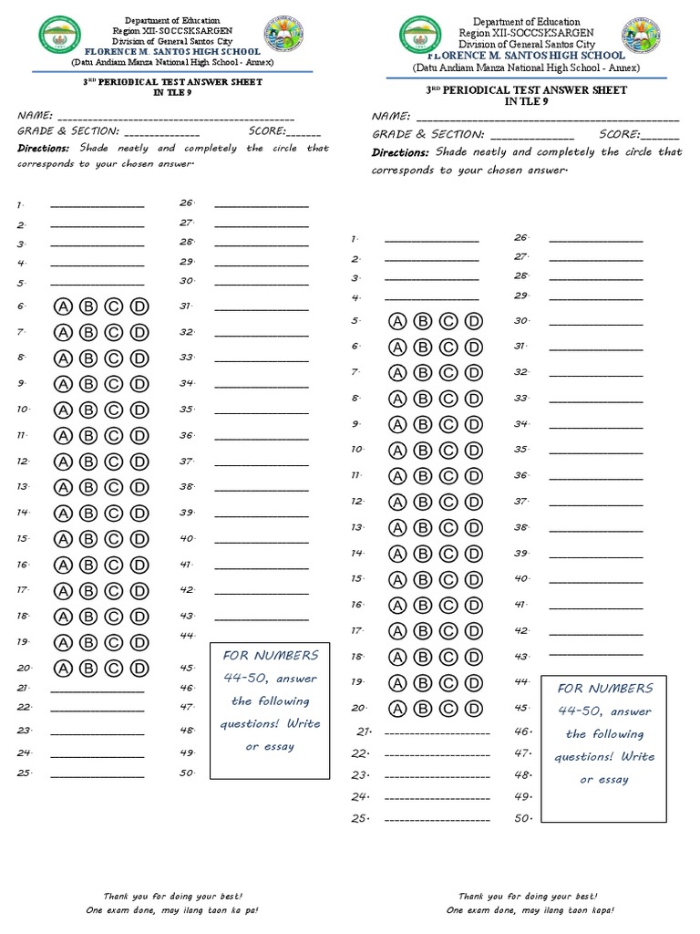 NAME: - GRADE & SECTION: - SCORE: - Directions: Shade Neatly and ...