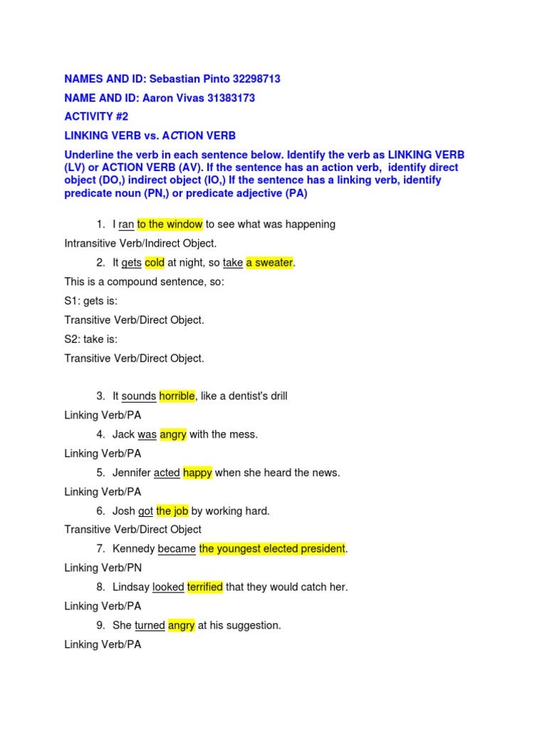 Analyzing Verbs in Sentences | PDF