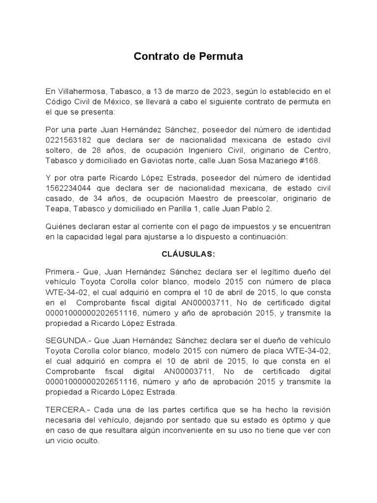 Modelo De Contrato De Permuta Word Pdf