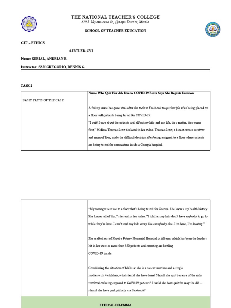 Surial, A.R. Ge7 Ethics Task2 | PDF | Risk | Nursing