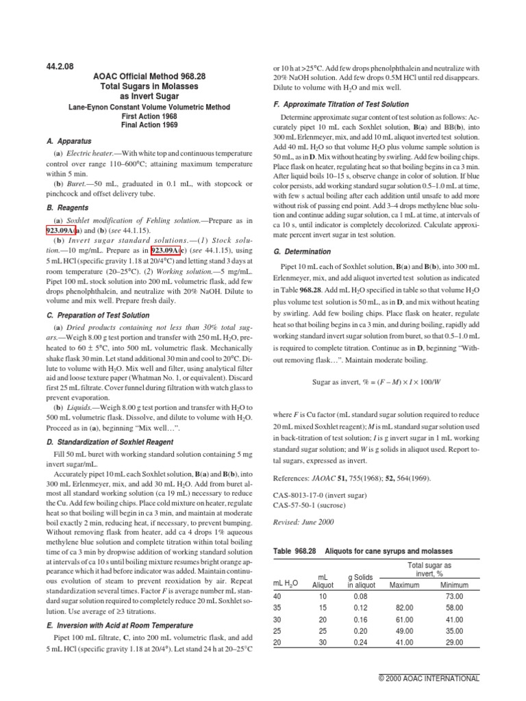 44.2.08 AOAC Official Method 968.28 Total Sugars in Molasses As Invert ...