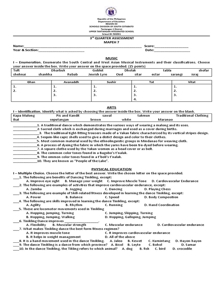 MAPEH7 - 3rd QUARTER ASSESSMENT Final | PDF