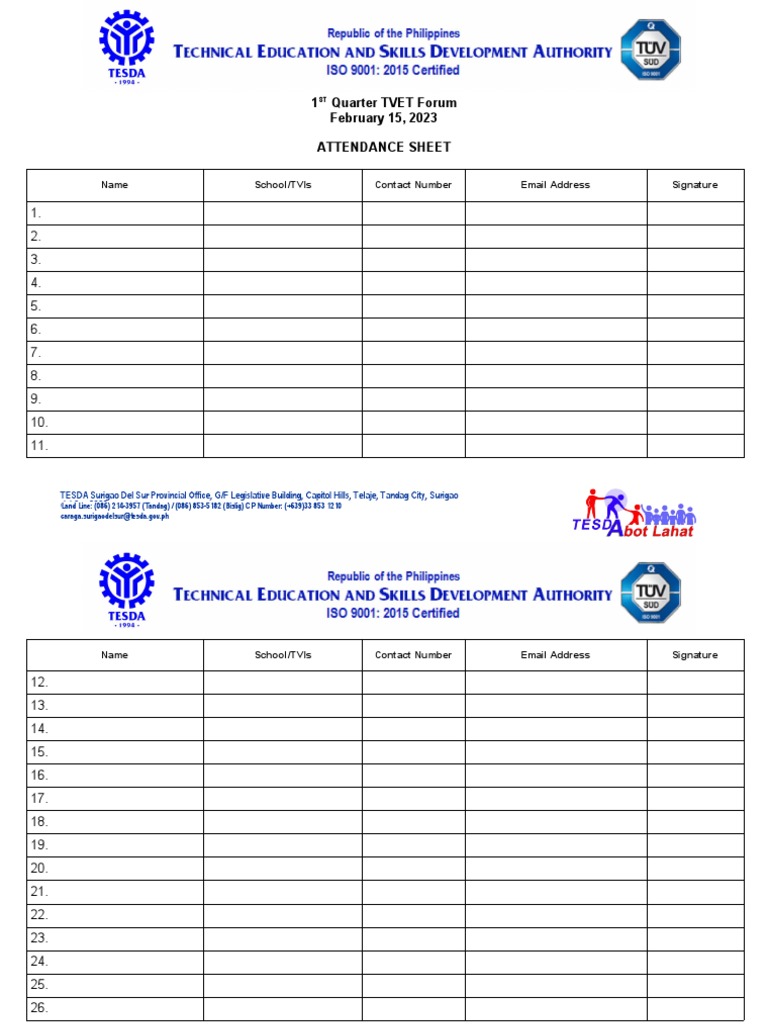 ATTENDANCE BLANK SHEET (1st TVET Forum) | PDF