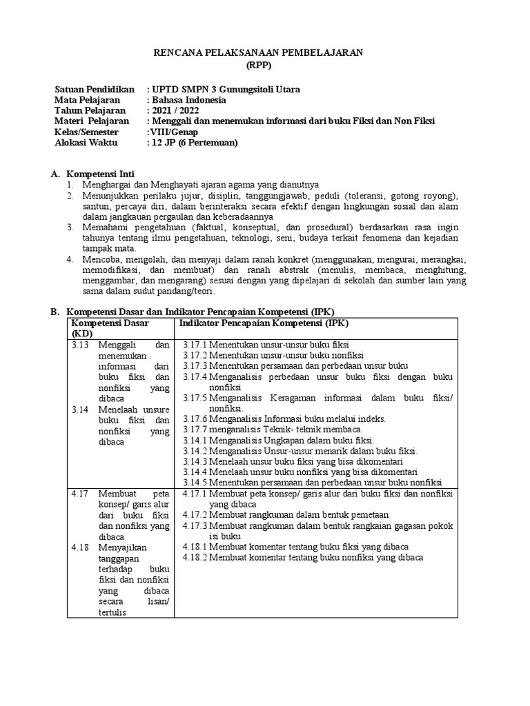 RPP Kls 8 Genap Menggali Dan Menemukan Informasi Dari Buku Fiksi Dan ...