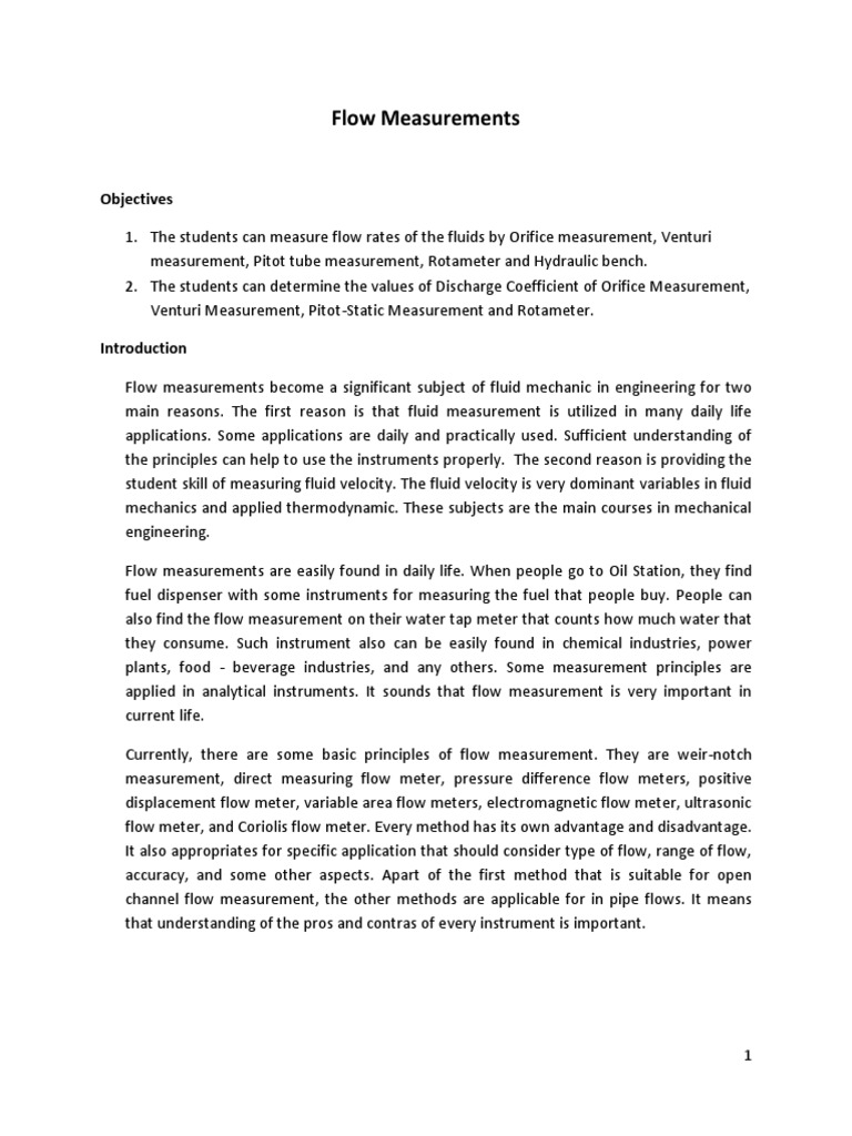 Flow Measurements: Objectives | PDF | Flow Measurement | Fluid Dynamics