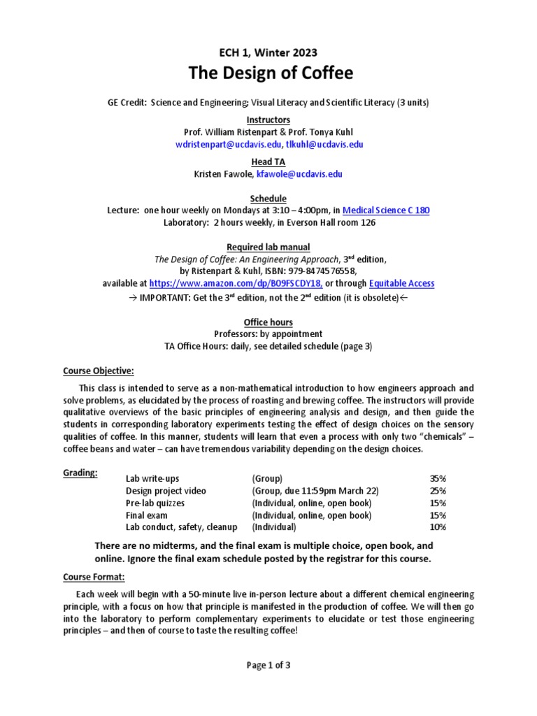 ECH1 Winter 2023 Syllabus | PDF | Laboratories | Coffee