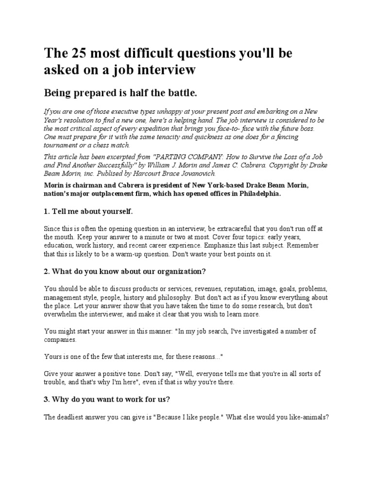 The 25 Most Difficult Questions You | Download Free PDF | Employment ...