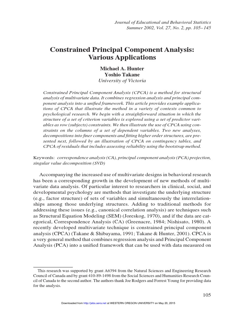 Hunter, M. A., & Takane, Y. (2002) - Constrained Principal Component Analysis. | PDF | Principal ...