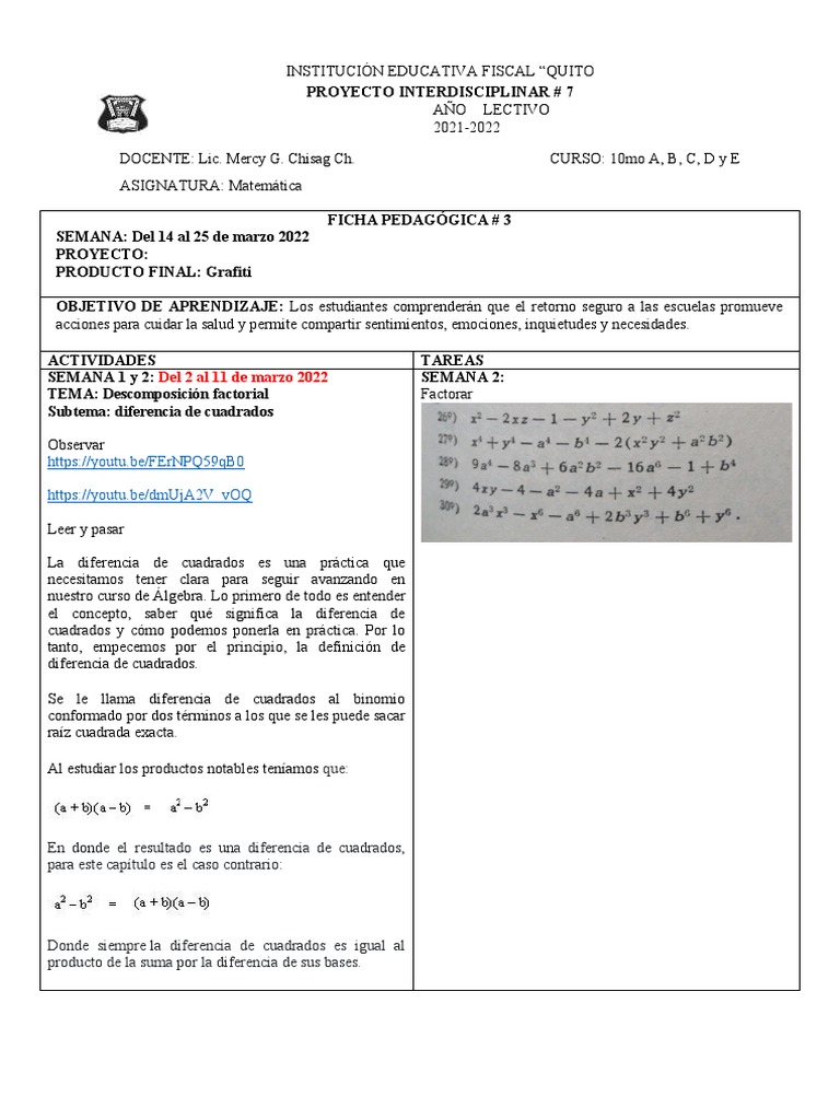 2Q MATEMÁTICA PROYECTO 1 DISCIPLINAR | PDF | Factorización | Álgebra