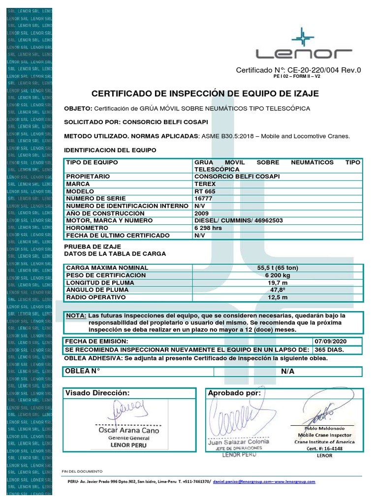 Ce-20-220 004 Certificado de Inspeccion RT 665 | PDF