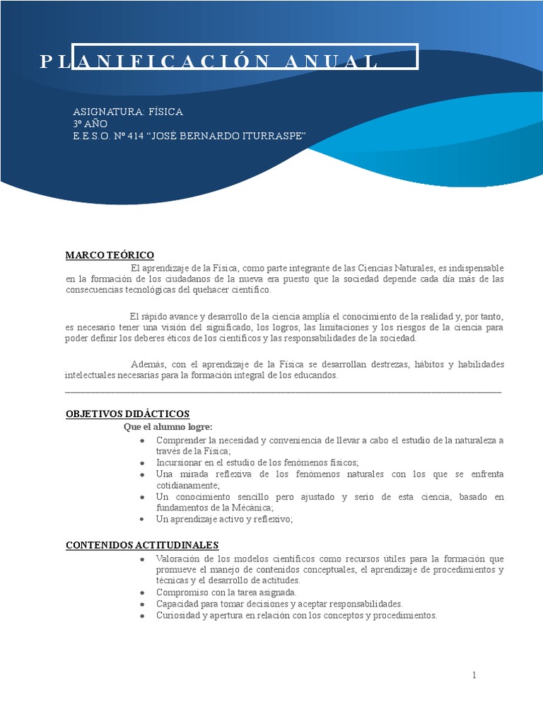 Planificación Anual Física 3 Año | PDF | Aprendizaje | Física