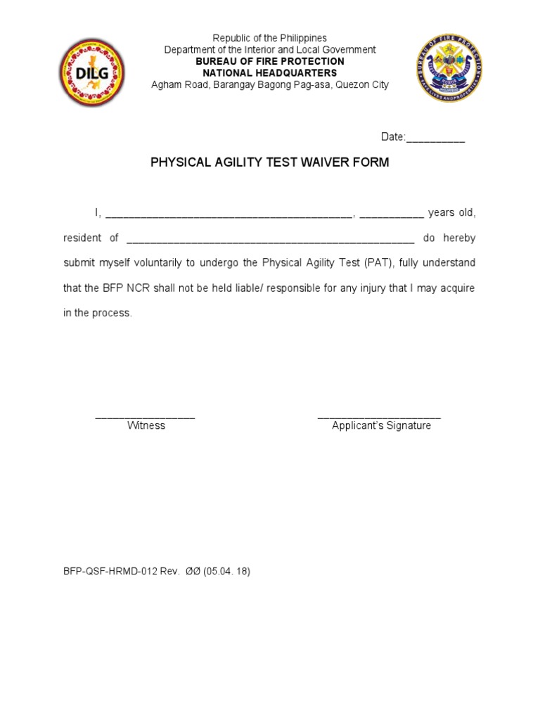 PHYSICAL AGILITY TEST WAIVER FORM With Date | PDF