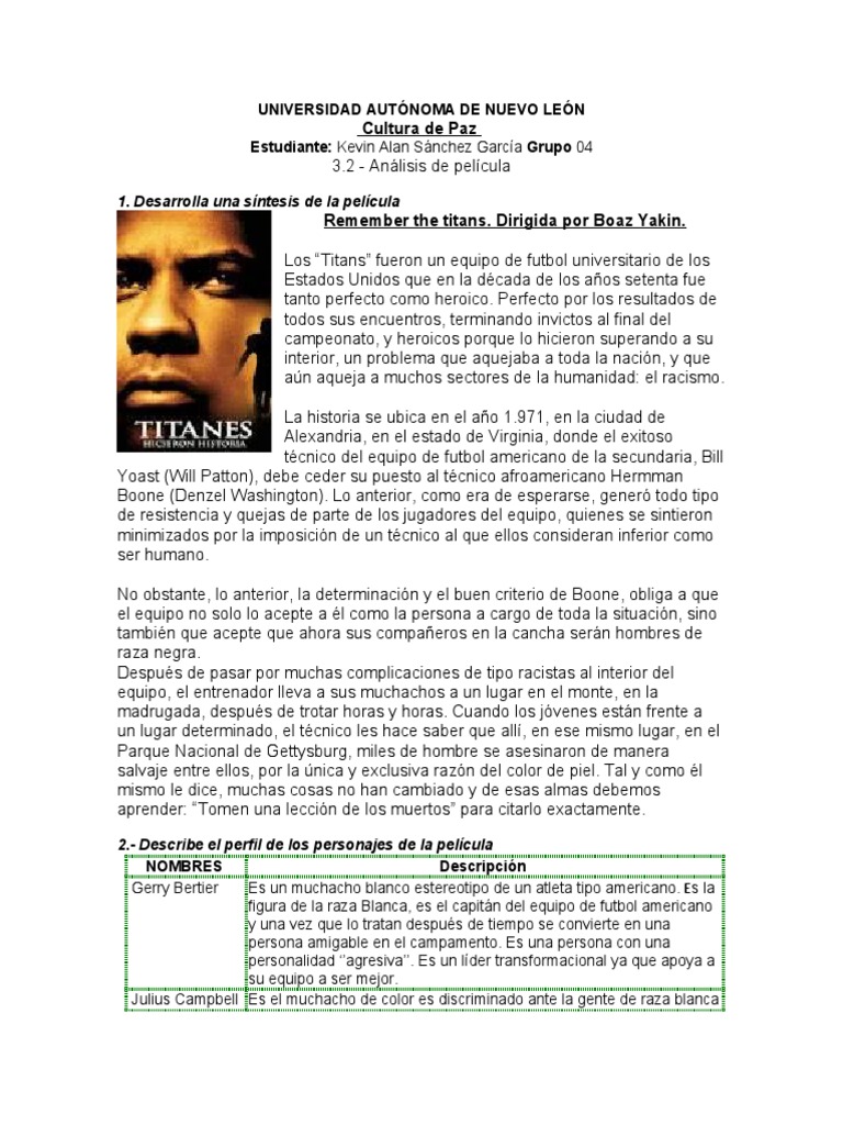 Análisis de Película Remember The Titans | PDF