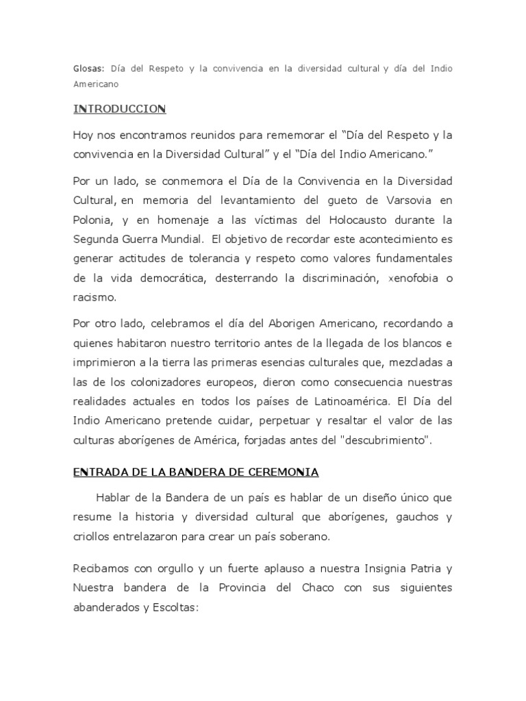 Glosas Día de La Convivencia en La Diversidad Cultural | PDF Glosas Día de La Convivencia en La Diversidad Cultural | PDF