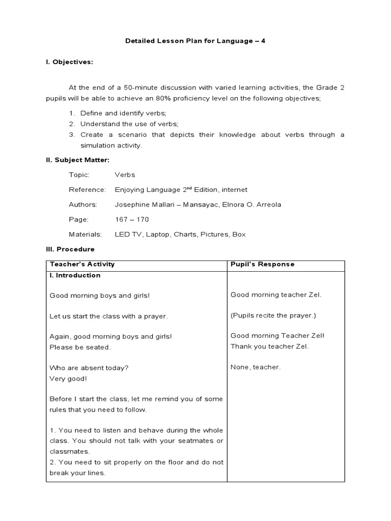 Lesson - Plan - About - Verbs G4 | PDF