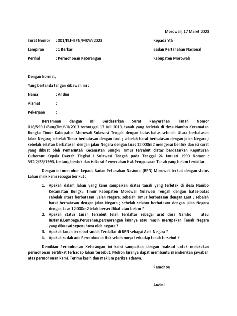 Permohonan Keterangan BPN MRW | PDF