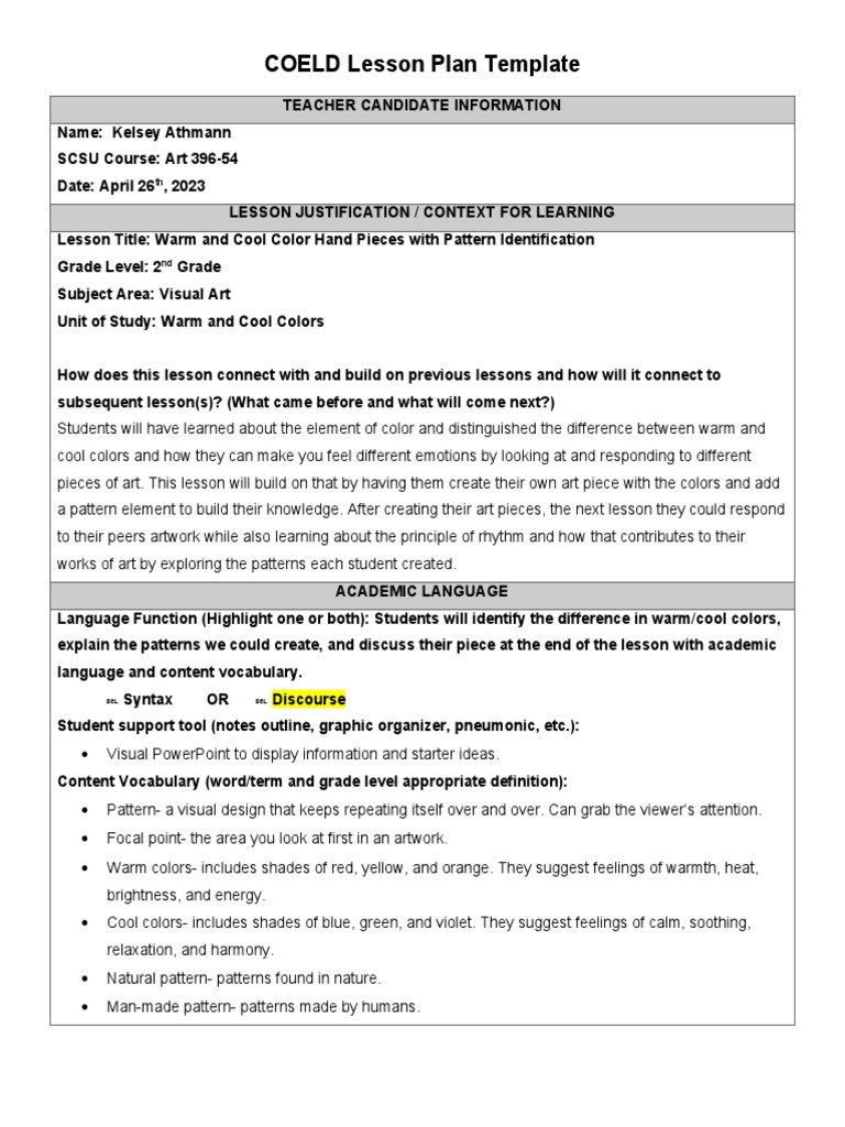 Scsu Coeld Edtpa Lesson Plan | PDF