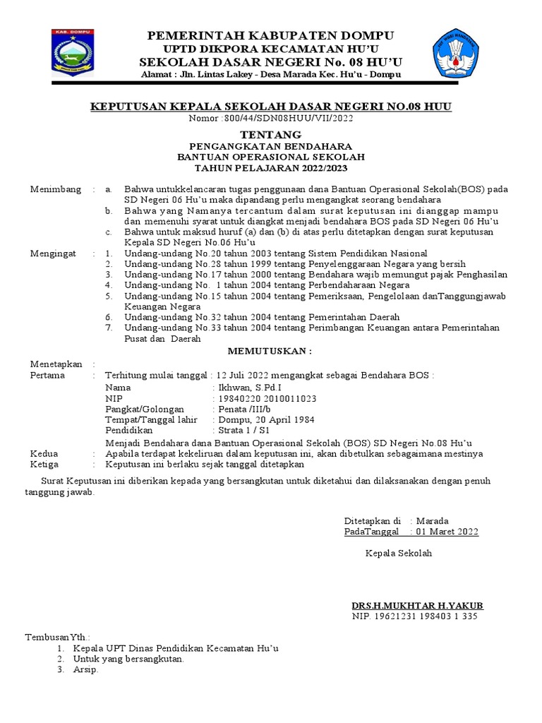 SK Pengangkatan Bendahara BOS SD 2022 | PDF