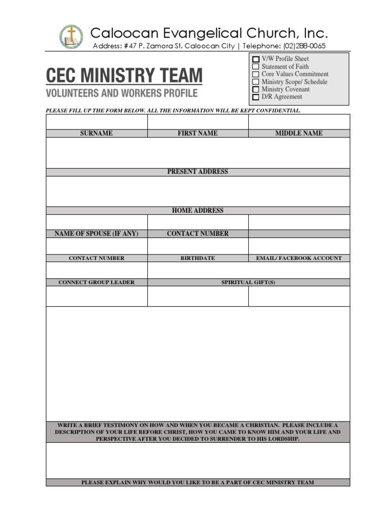 Application for Ministry: Caloocan Evangelical Church Volunteer Form ...