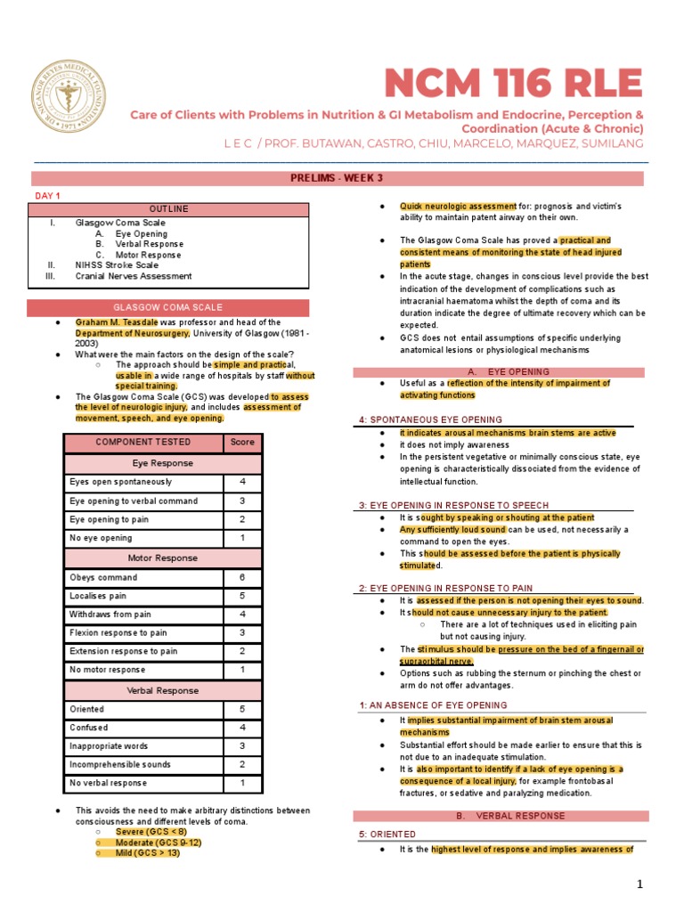 NCM 116 RLE Week 3 | PDF | Coma | Neurology