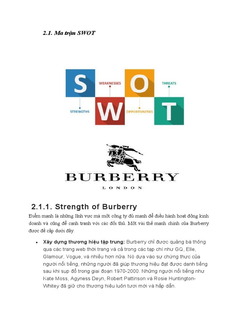2.1. Ma trận SWOT: 2.1.1. Strength of Burberry | PDF