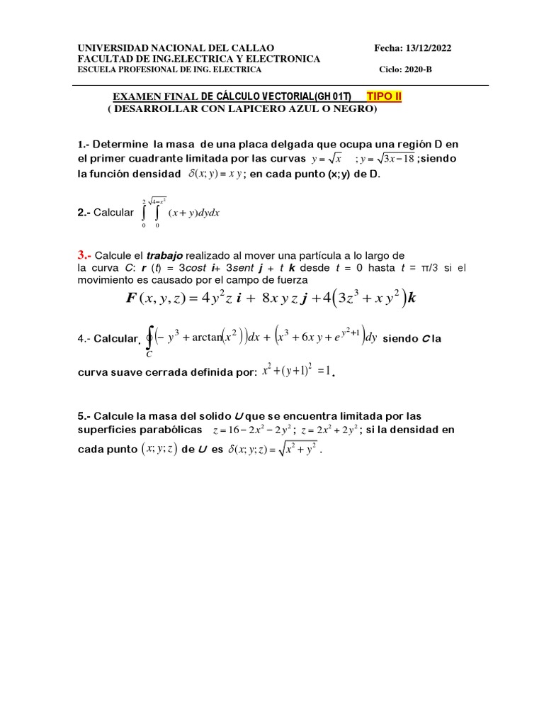 Examen Final de Calculo Vectorial 2022-B (Unac) Tipo Ii | PDF