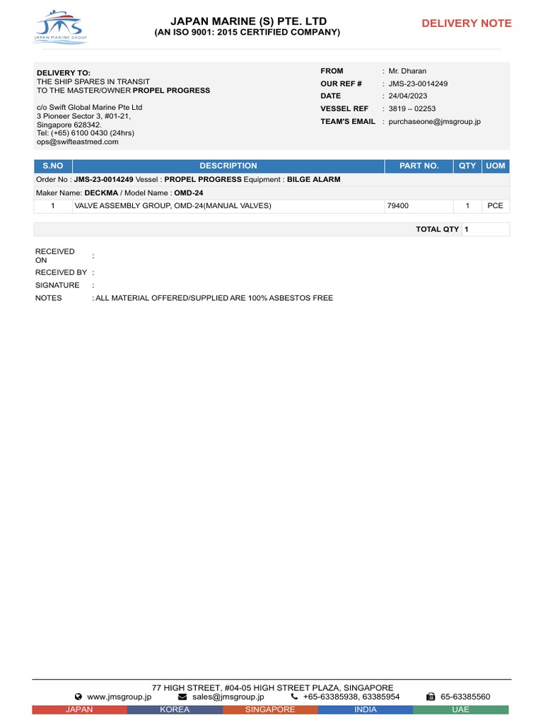 Delivery Note - JMS-23-0014249 | PDF