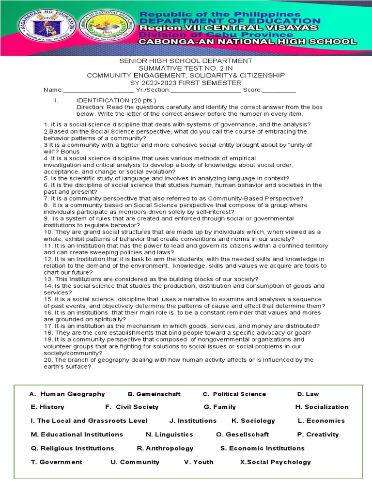 CESC Summative Test No.2 | PDF | Social Sciences | Community