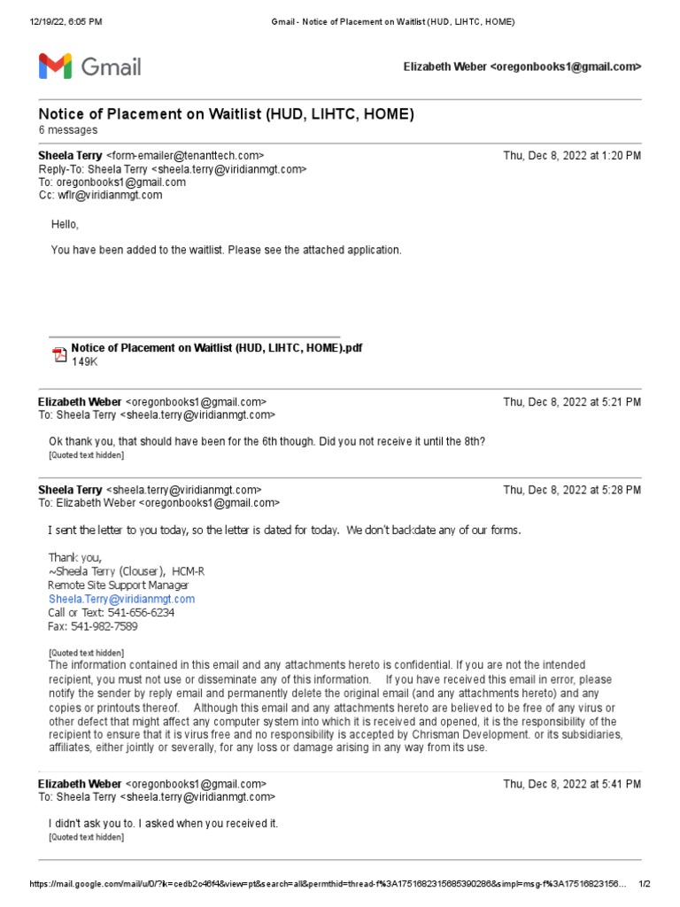 Gmail - Notice of Placement On Waitlist (HUD, LIHTC, HOME) | PDF ...