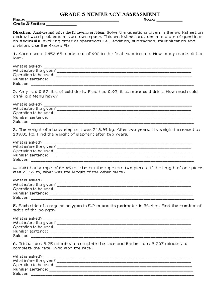 Numeracy Assessment | PDF