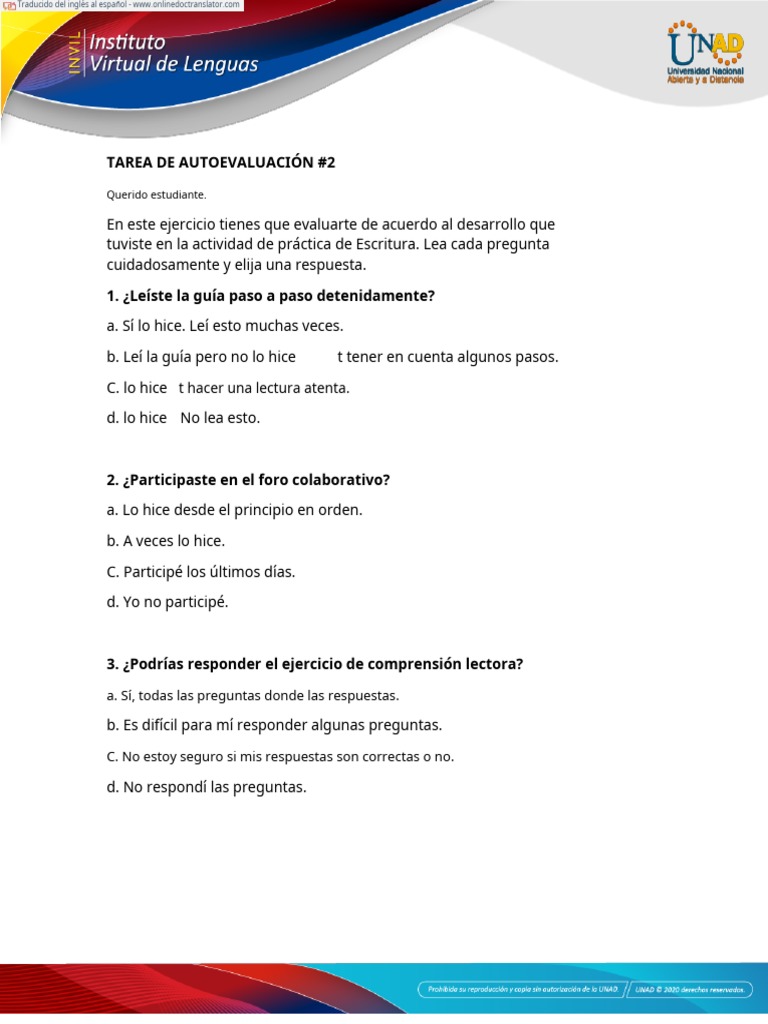 Autoevaluación de Escritura en Inglés | PDF | Relaciones personales ...