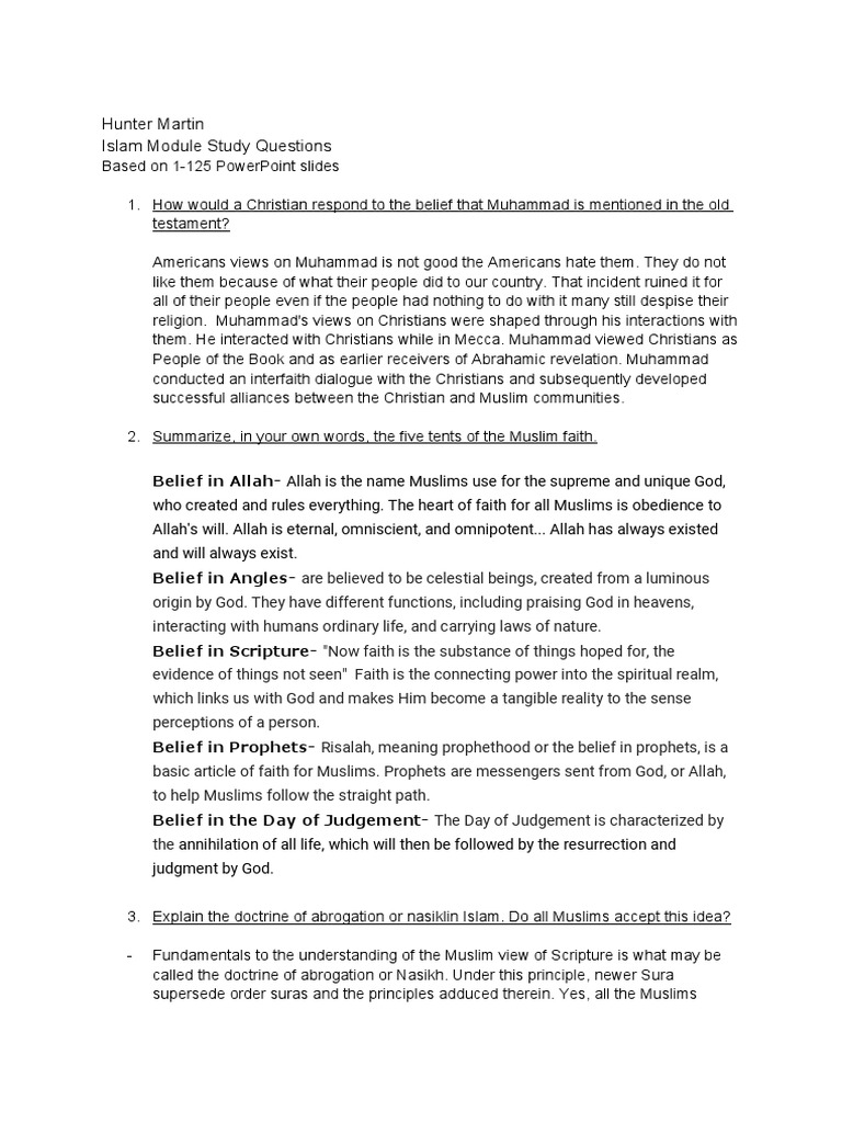 1 Islam Module Study Questions | PDF | Prophets And Messengers In Islam ...