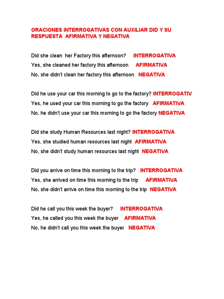 Oraciones Interrogativas Con Auxiliar Did y Su Respuesta Afirmativa y ...