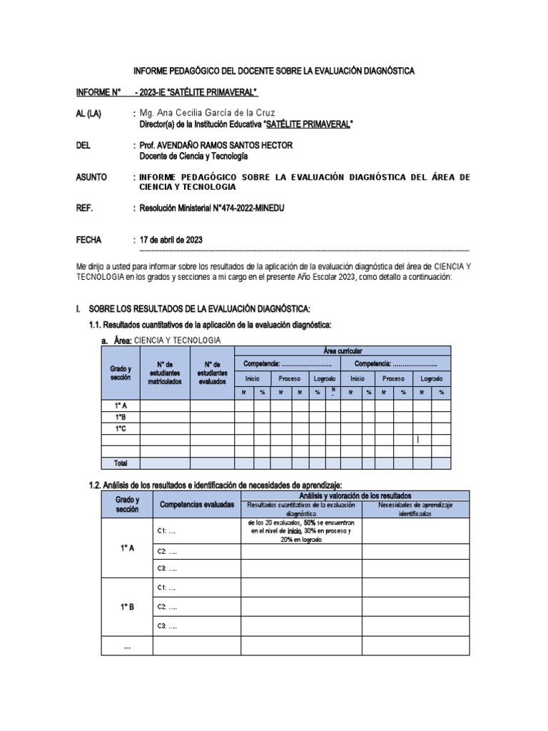 Informe sobre los resultados de la evaluación diagnóstica y las acciones de refuerzo en Ciencia ...