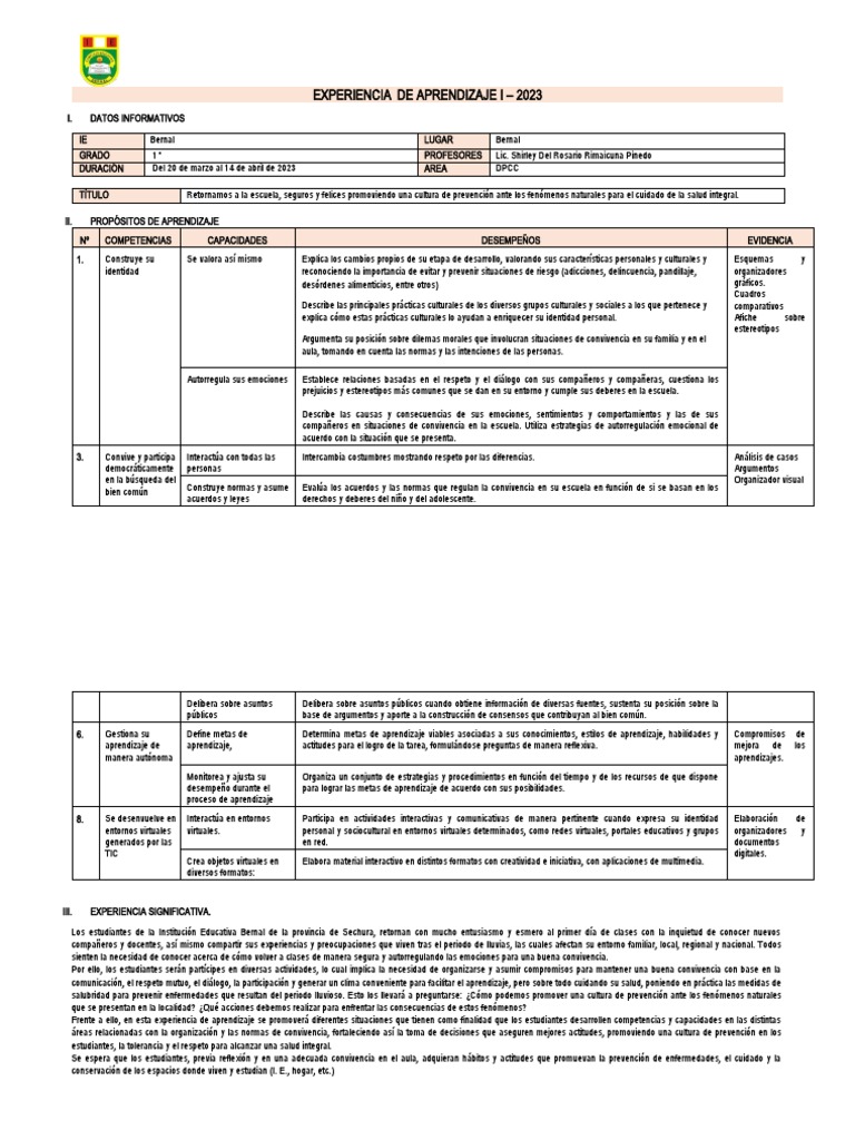 EDA N° 01-1ero-DPCC-2023 | PDF | Evaluación | Aprendizaje