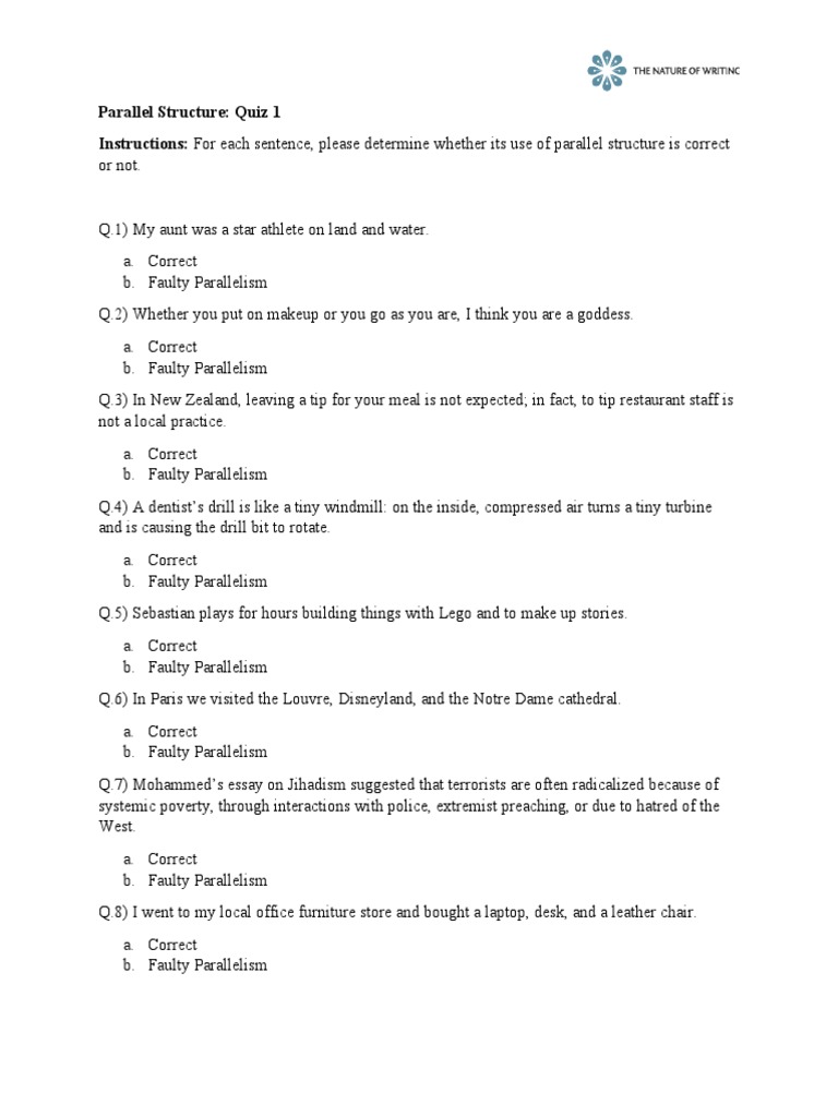 Parallel Structure Quiz 1 | PDF | Young Adult