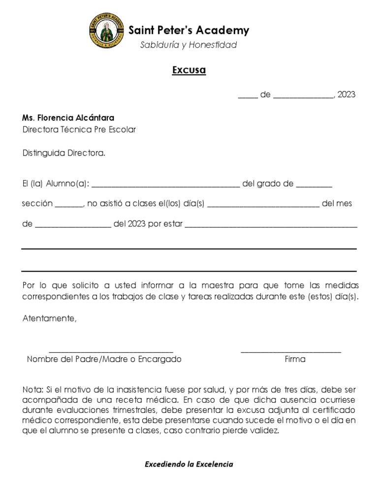 Formato de Excusa Pre-School 2023 | PDF