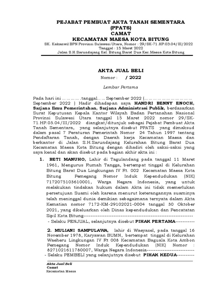 Pejabat Pembuat Akta Tanah Sementara (Ppats) Camat Kecamatan Maesa Kota Bitung | PDF