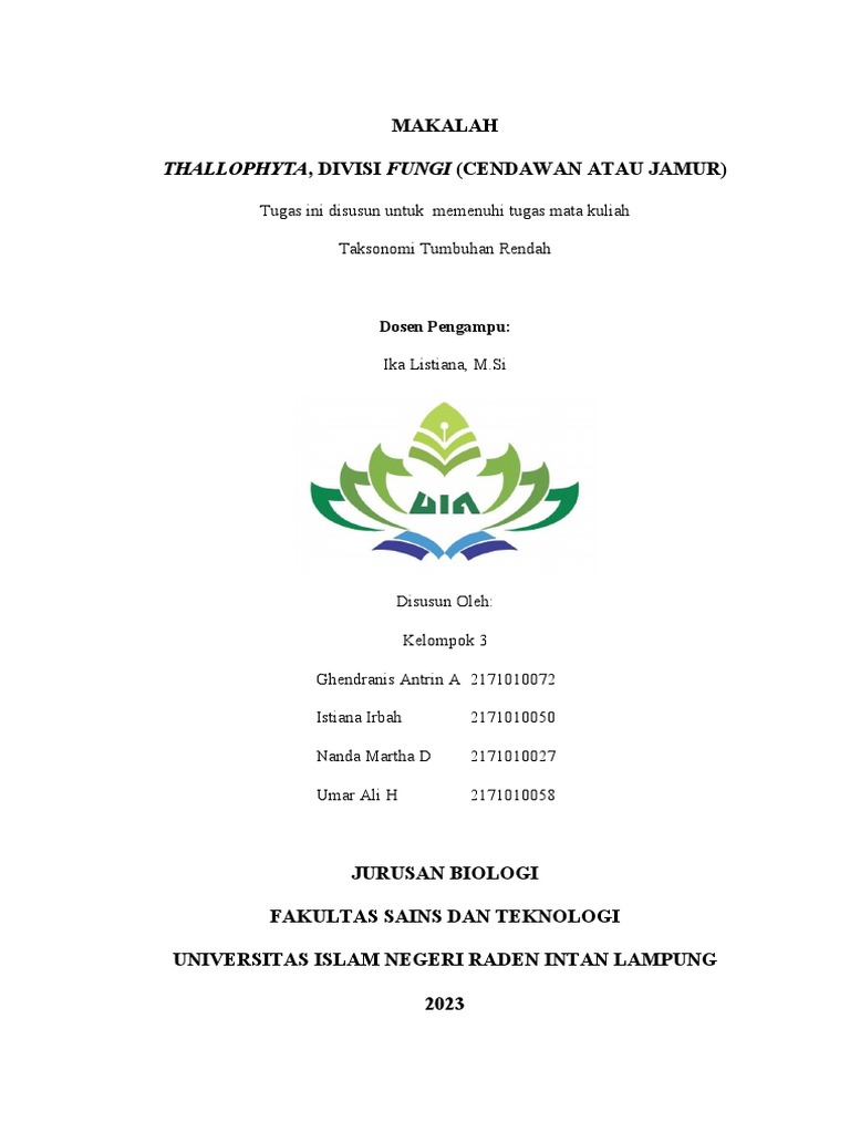 Thallophyta, Divisi Fungi (Cendawan Atau Jamur) : Makalah | PDF