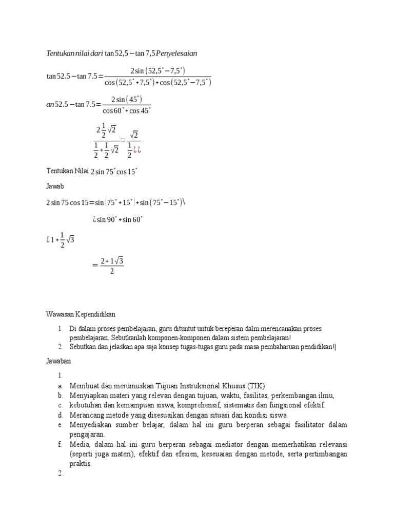 Soal Trigonometri 9.1 Dan Jawaban Waspen | PDF