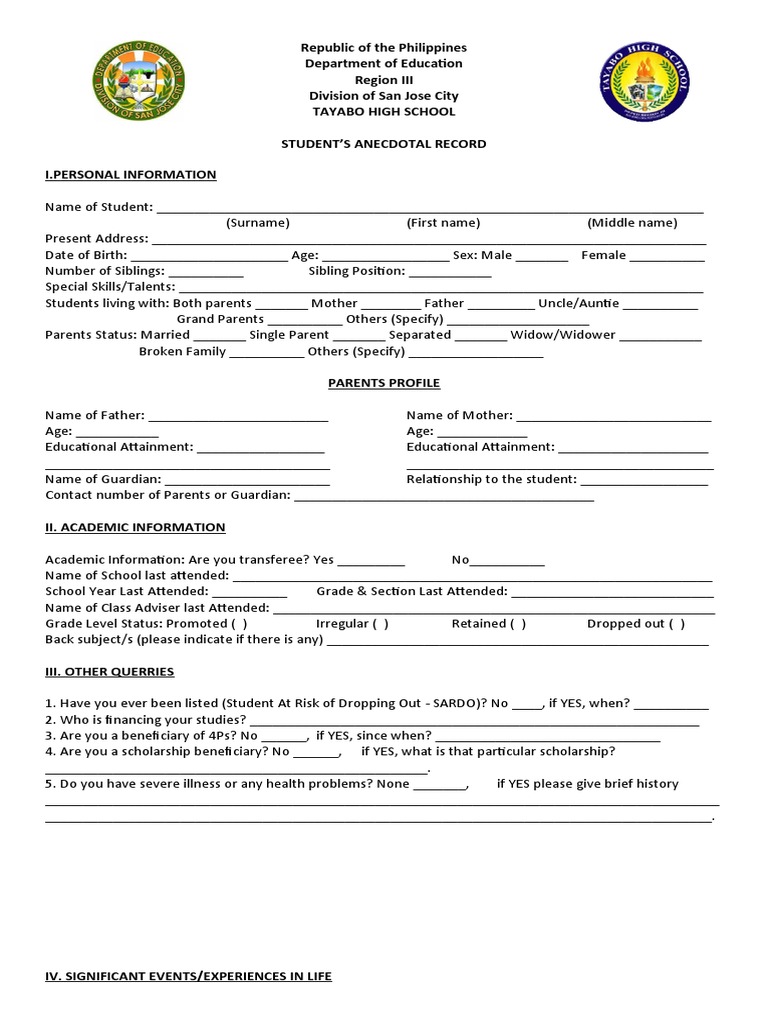 Student Anecdotal Record Template | PDF