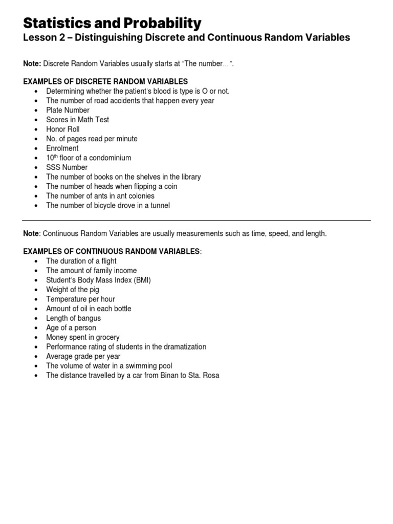 Lesson 2 - Distinguishing Discrete and Continuous Random Variable | PDF | Sports & Recreation ...