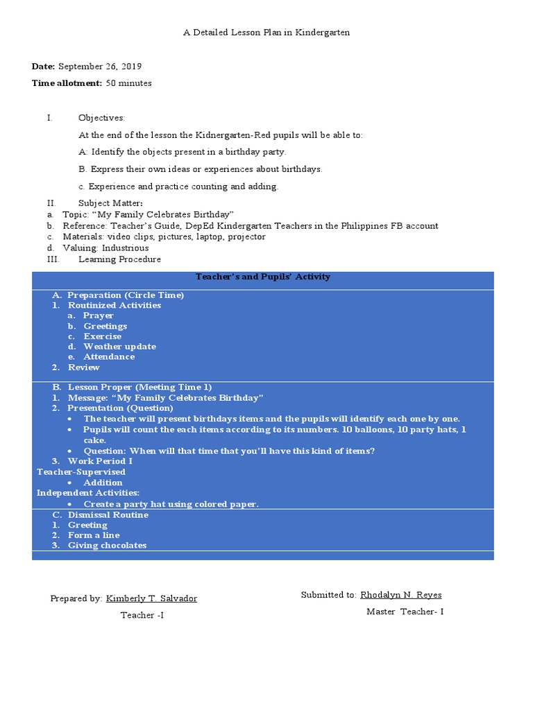 A Detailed Lesson Plan in Kindergarten | PDF