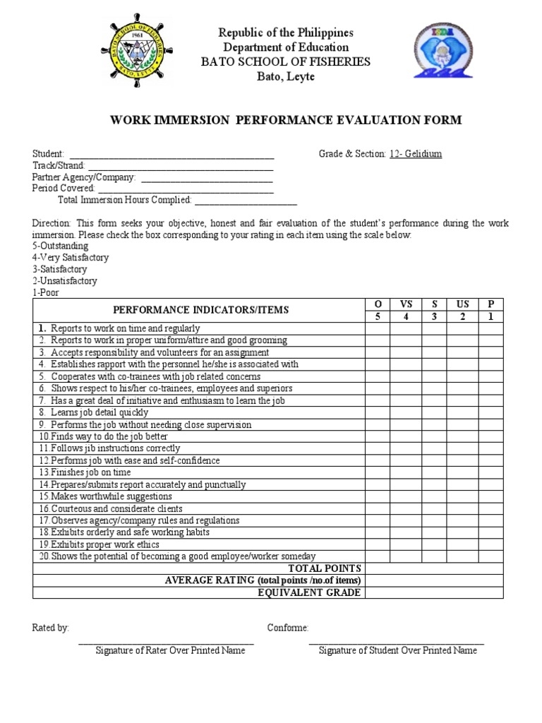Work Immersion Evaluation Form | PDF | Behavior Modification