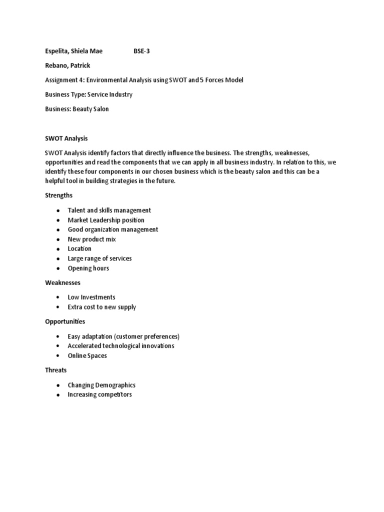SWOT and Five Forces Analysis of Salons | PDF | Swot Analysis | Customer