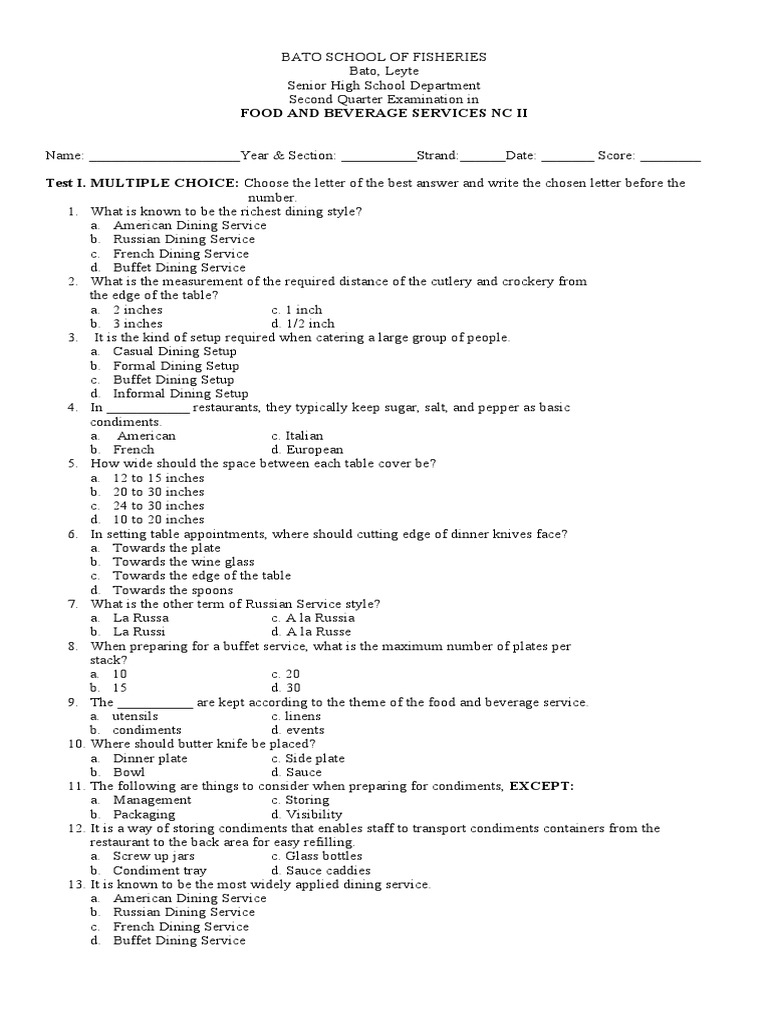 Bato School of Fisheries Exam on Food and Beverage Services | PDF ...