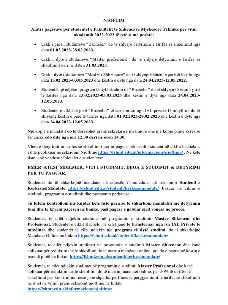 Njoftim Mbi Pagesat e Tarifes Se Shkollimit | PDF