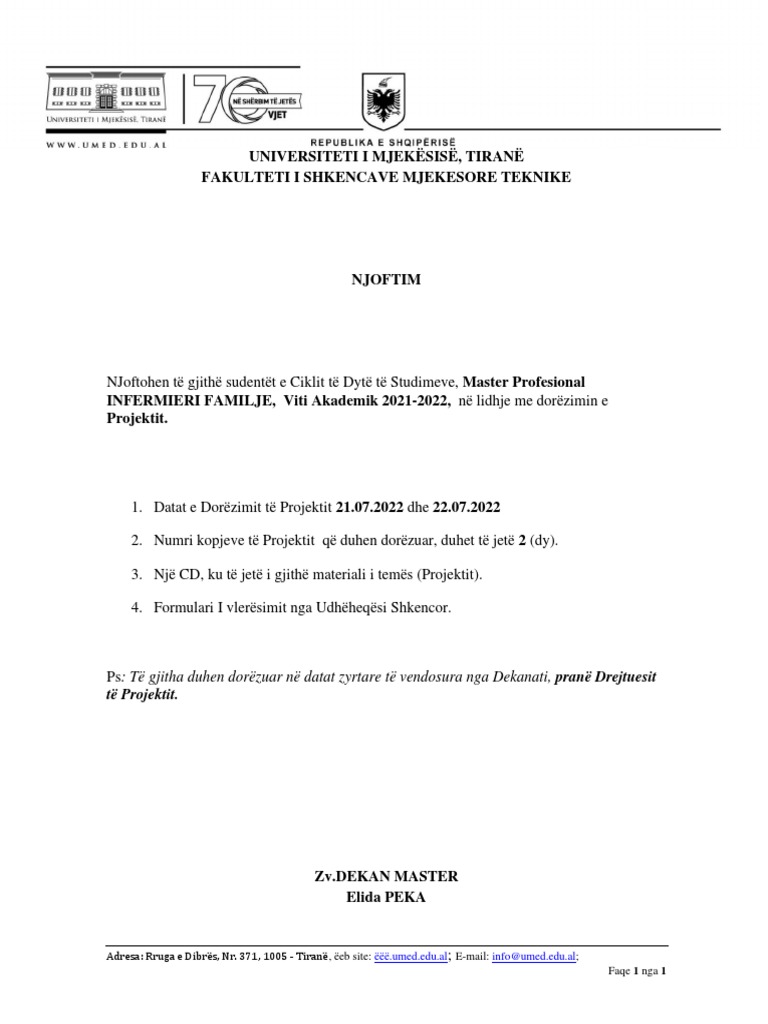 Njoftim MP Infermieri Familje Viti Akademik Projekt 2021 2022 | PDF